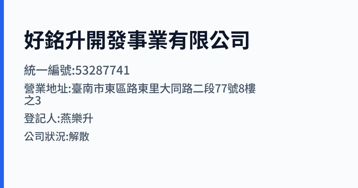 好銘升開發事業有限公司 - 統編 53287741(臺南市) 公司登記資料與營業項目詳細圖表