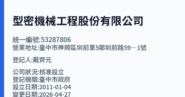型密機械工程股份有限公司的照片-統編 53287806(臺中市) 公司登記資料與營業項目詳細圖表