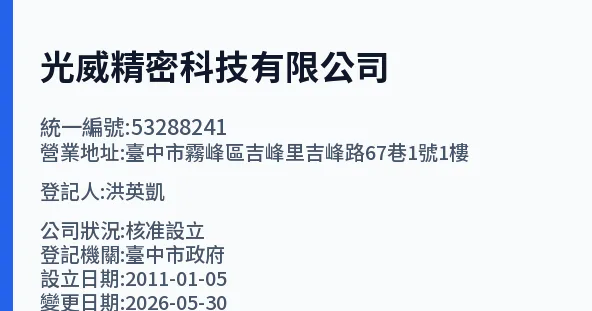 光威精密科技有限公司的照片-統編 53288241(臺中市) 公司登記資料與營業項目詳細圖表