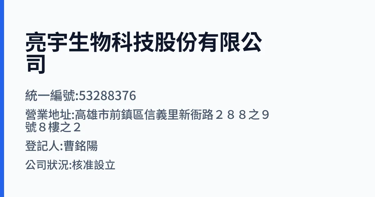 亮宇生物科技股份有限公司 - 統編 53288376 (高雄市) 公司登記資料與營業項目詳細圖表