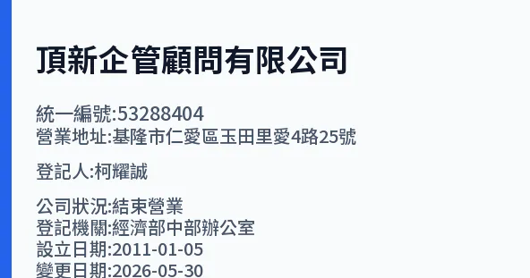 頂新企管顧問有限公司的照片-統編 53288404(基隆市) 公司登記資料與營業項目詳細圖表