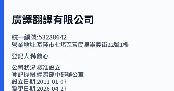 廣譯翻譯有限公司的照片-統編 53288642(基隆市) 公司登記資料與營業項目詳細圖表