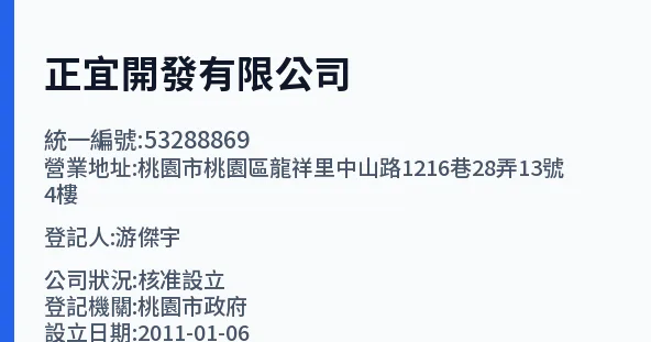 正宜開發有限公司的照片-統編 53288869(桃園市) 公司登記資料與營業項目詳細圖表