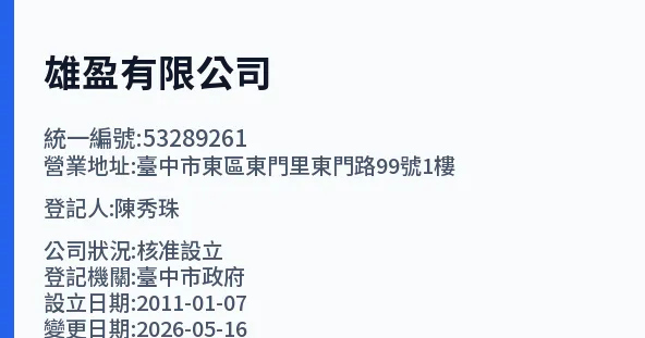 雄盈有限公司的照片-統編 53289261(臺中市) 公司登記資料與營業項目詳細圖表