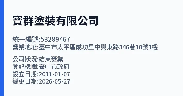 寶群塗裝有限公司的照片-統編 53289467(臺中市) 公司登記資料與營業項目詳細圖表