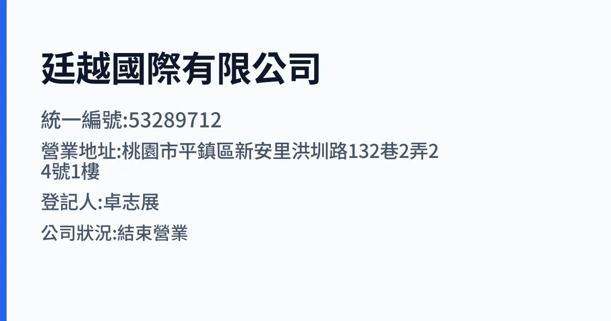 廷越國際有限公司 - 統編 53289712(桃園市) 公司登記資料與營業項目詳細圖表