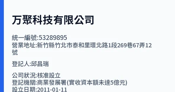 万聚科技有限公司的照片-統編 53289895(新竹縣) 公司登記資料與營業項目詳細圖表