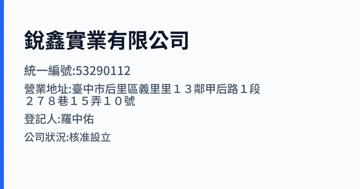 銳鑫實業有限公司 - 統編 53290112(臺中市) 公司登記資料與營業項目詳細圖表