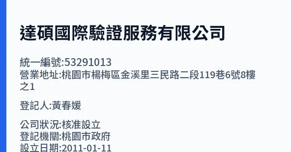 達碩國際驗證服務有限公司的照片-統編 53291013(桃園市) 公司登記資料與營業項目詳細圖表