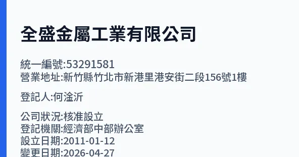 全盛金屬工業有限公司的照片-統編 53291581(新竹縣) 公司登記資料與營業項目詳細圖表