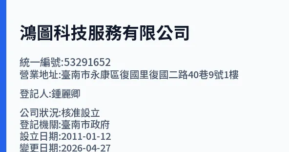鴻圖科技服務有限公司的照片-統編 53291652(臺南市) 公司登記資料與營業項目詳細圖表