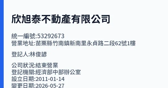 欣旭泰不動產有限公司的照片-統編 53292673(苗栗縣) 公司登記資料與營業項目詳細圖表