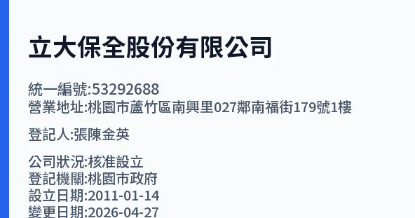 立大保全股份有限公司的照片-統編 53292688(桃園市) 公司登記資料與營業項目詳細圖表