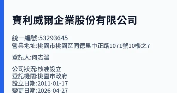 寶利威爾企業股份有限公司的照片-統編 53293645(桃園市) 公司登記資料與營業項目詳細圖表