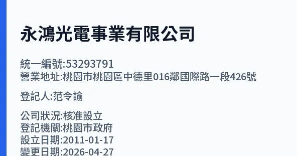 永鴻光電事業有限公司的照片-統編 53293791(桃園市) 公司登記資料與營業項目詳細圖表