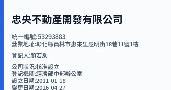 忠央不動產開發有限公司的照片-統編 53293883(彰化縣) 公司登記資料與營業項目詳細圖表