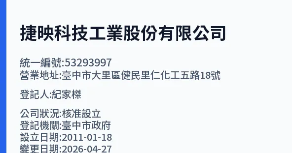 捷映科技工業股份有限公司的照片-統編 53293997(臺中市) 公司登記資料與營業項目詳細圖表