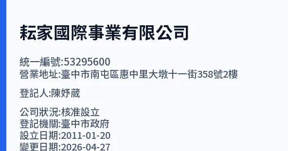 耘家國際事業有限公司的照片-統編 53295600(臺中市) 公司登記資料與營業項目詳細圖表