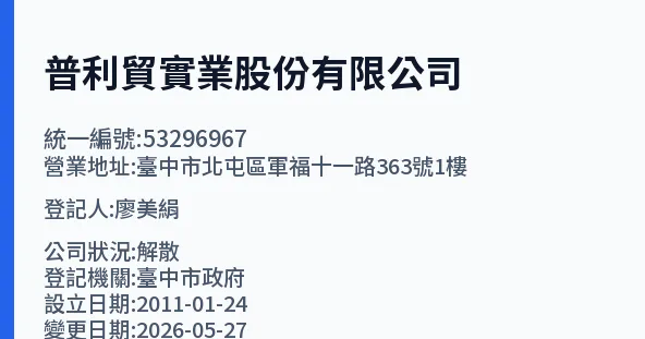 普利貿實業股份有限公司的照片-統編 53296967(臺中市) 公司登記資料與營業項目詳細圖表