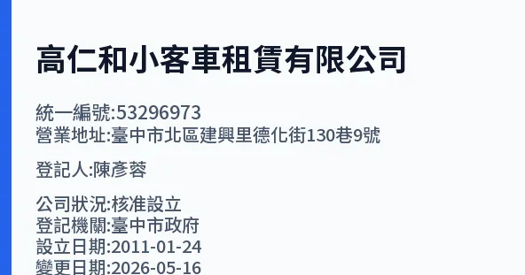 高仁和小客車租賃有限公司的照片-統編 53296973(臺中市) 公司登記資料與營業項目詳細圖表