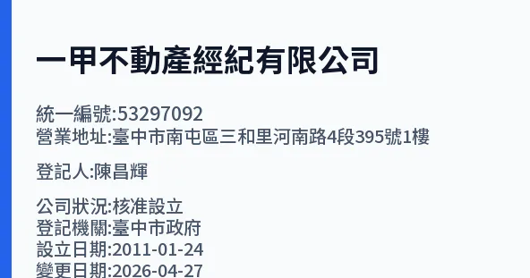 一甲不動產經紀有限公司的照片-統編 53297092(臺中市) 公司登記資料與營業項目詳細圖表