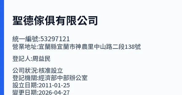 聖德傢俱有限公司的照片-統編 53297121(宜蘭縣) 公司登記資料與營業項目詳細圖表
