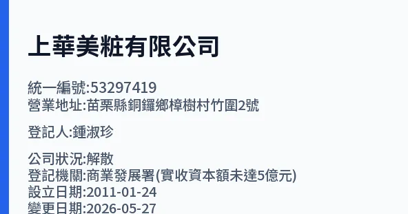 上華美粧有限公司的照片-統編 53297419(苗栗縣) 公司登記資料與營業項目詳細圖表
