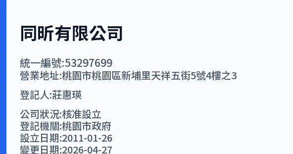 同昕有限公司的照片-統編 53297699(桃園市) 公司登記資料與營業項目詳細圖表