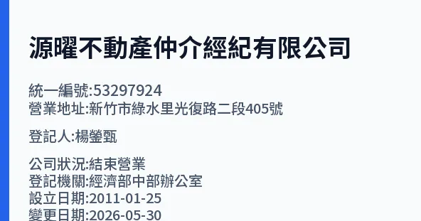 源曜不動產仲介經紀有限公司的照片-統編 53297924(新竹縣) 公司登記資料與營業項目詳細圖表