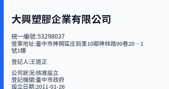 大興塑膠企業有限公司的照片-統編 53298037(臺中市) 公司登記資料與營業項目詳細圖表