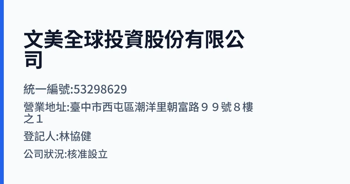 文美全球投資股份有限公司 - 統編 53298629(臺中市) 公司登記資料與營業項目詳細圖表