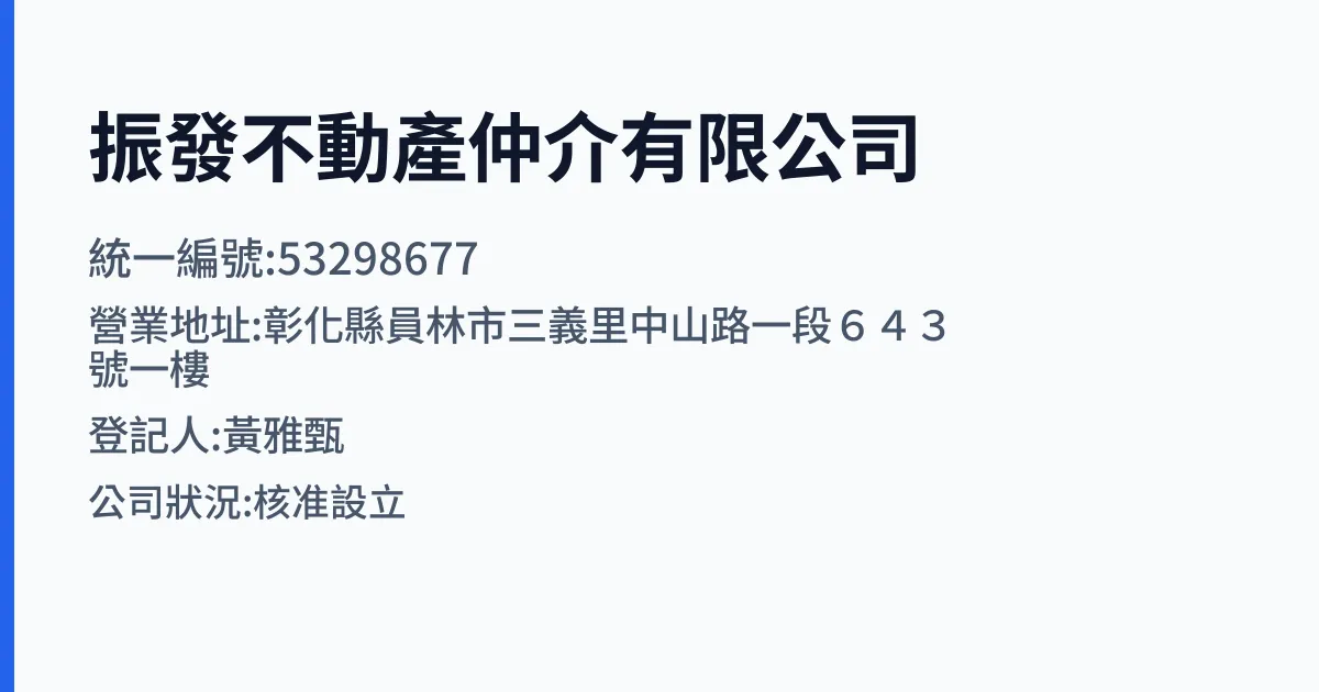 振發不動產仲介有限公司 - 統編 53298677(彰化縣) 公司登記資料與營業項目詳細圖表