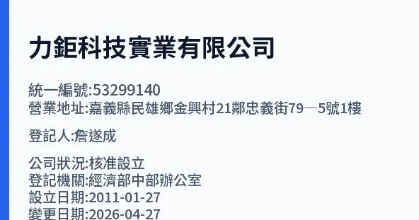力鉅科技實業有限公司的照片-統編 53299140(嘉義縣) 公司登記資料與營業項目詳細圖表