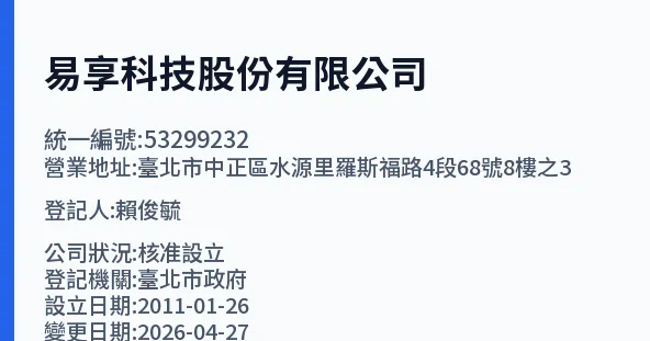 易享科技股份有限公司的照片-統編 53299232(臺北市) 公司登記資料與營業項目詳細圖表
