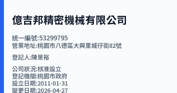 億吉邦精密機械有限公司的照片-統編 53299795(桃園市) 公司登記資料與營業項目詳細圖表