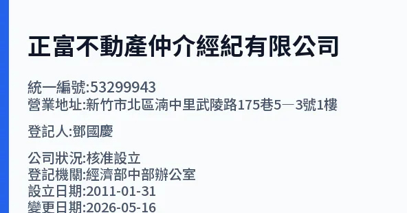 正富不動產仲介經紀有限公司的照片-統編 53299943(新竹市) 公司登記資料與營業項目詳細圖表