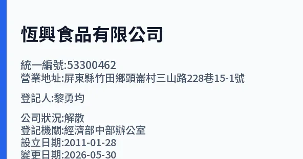 恆興食品有限公司的照片-統編 53300462(屏東縣) 公司登記資料與營業項目詳細圖表