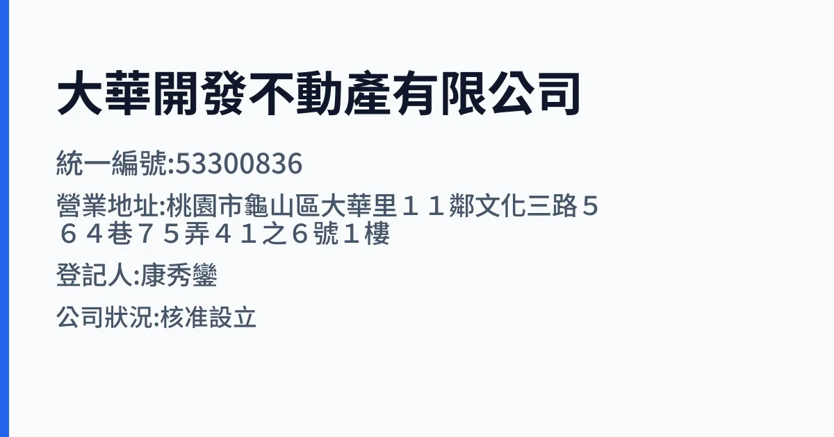大華開發不動產有限公司 - 統編 53300836(桃園市) 公司登記資料與營業項目詳細圖表