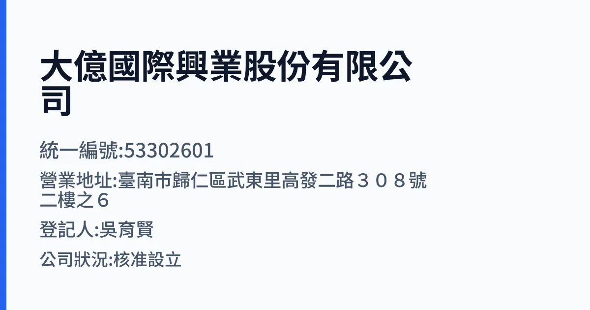 大億國際興業股份有限公司 - 統編 53302601(臺南市) 公司登記資料與營業項目詳細圖表