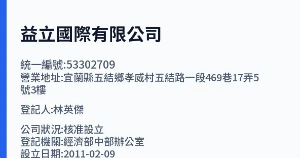 益立國際有限公司的照片-統編 53302709(宜蘭縣) 公司登記資料與營業項目詳細圖表