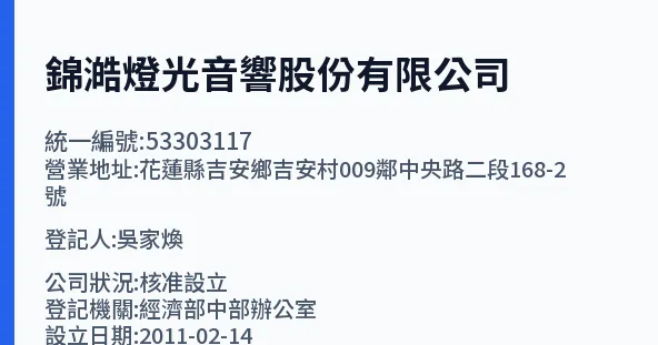 錦澔燈光音響股份有限公司的照片-統編 53303117(花蓮縣) 公司登記資料與營業項目詳細圖表