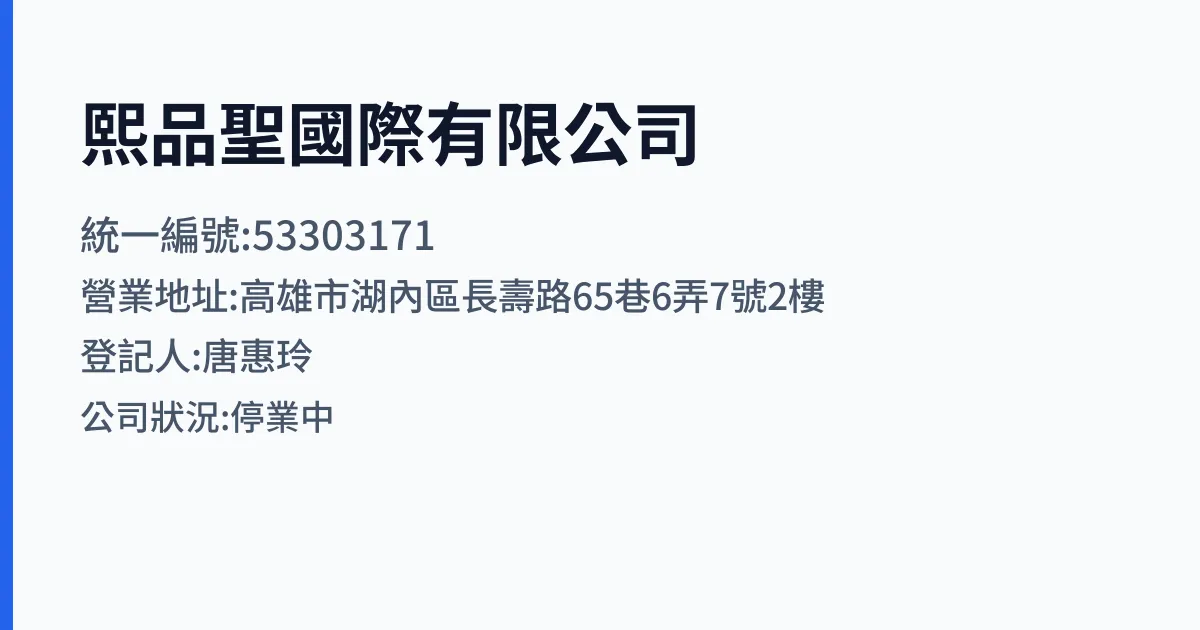 熙品聖國際有限公司 - 統編 53303171(高雄市) 公司登記資料與營業項目詳細圖表