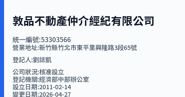 敦品不動產仲介經紀有限公司的照片-統編 53303566(新竹縣) 公司登記資料與營業項目詳細圖表