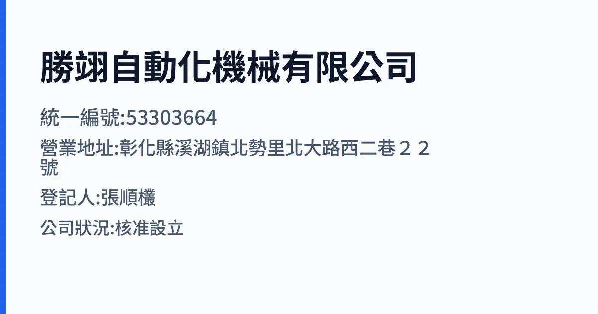 勝翊自動化機械有限公司 - 統編 53303664(彰化縣) 公司登記資料與營業項目詳細圖表