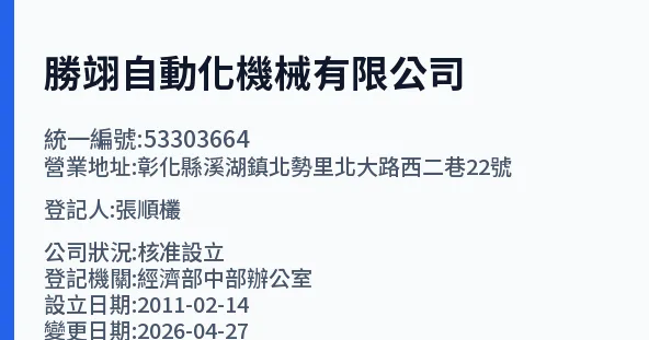 勝翊自動化機械有限公司的照片-統編 53303664(彰化縣) 公司登記資料與營業項目詳細圖表