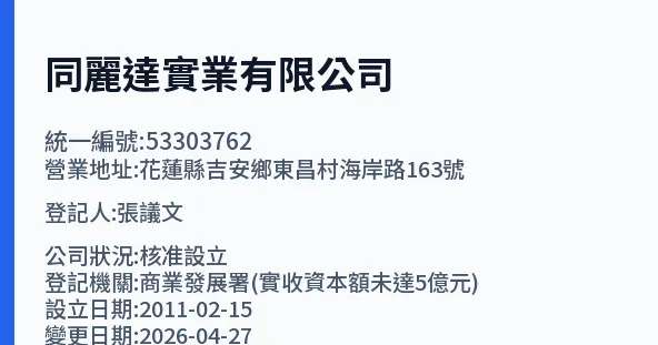 同麗達實業有限公司的照片-統編 53303762(花蓮縣) 公司登記資料與營業項目詳細圖表