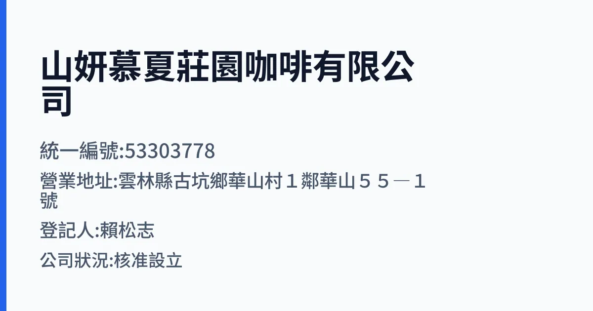 山妍慕夏莊園咖啡有限公司 - 統編 53303778(雲林縣) 公司登記資料與營業項目詳細圖表