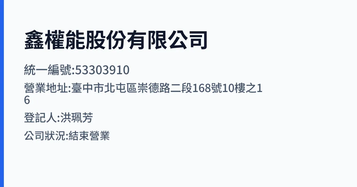 鑫權能股份有限公司 - 統編 53303910(臺中市) 公司登記資料與營業項目詳細圖表