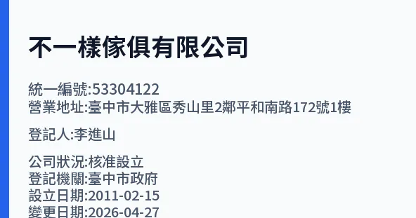 不一樣傢俱有限公司的照片-統編 53304122(臺中市) 公司登記資料與營業項目詳細圖表