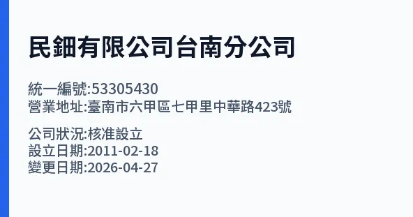 民鈿有限公司台南分公司的照片-統編 53305430(臺南市) 公司登記資料與營業項目詳細圖表